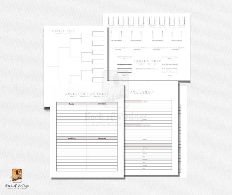 Set of 4 Genealogy Forms Family Group Sheet Tracker Pedigree Chart FAN ...