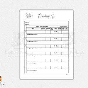 Cemetery Log Sheet Printable Ancestor Tracker Form for Genealogy Family ...