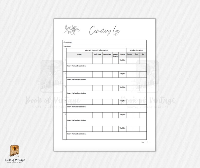 Cemetery Log Sheet Printable Ancestor Tracker Form for Genealogy Family ...