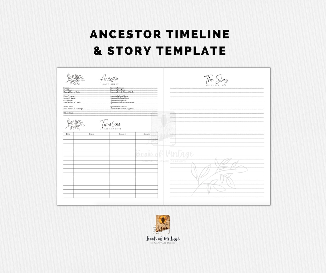 Ancestor Stories Timeline and Story Telling Printable Data Sheet Minimal Design for Genealogy ...