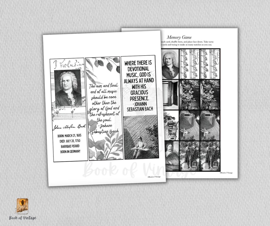 Printable Bach Composer Study Bookmarks Memory Game Activity for Kids ...