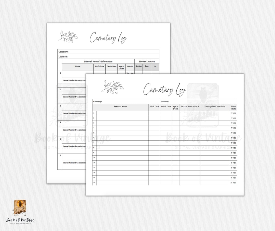Cemetery Log Sheet Printable Ancestor Tracker Form for Genealogy Family ...