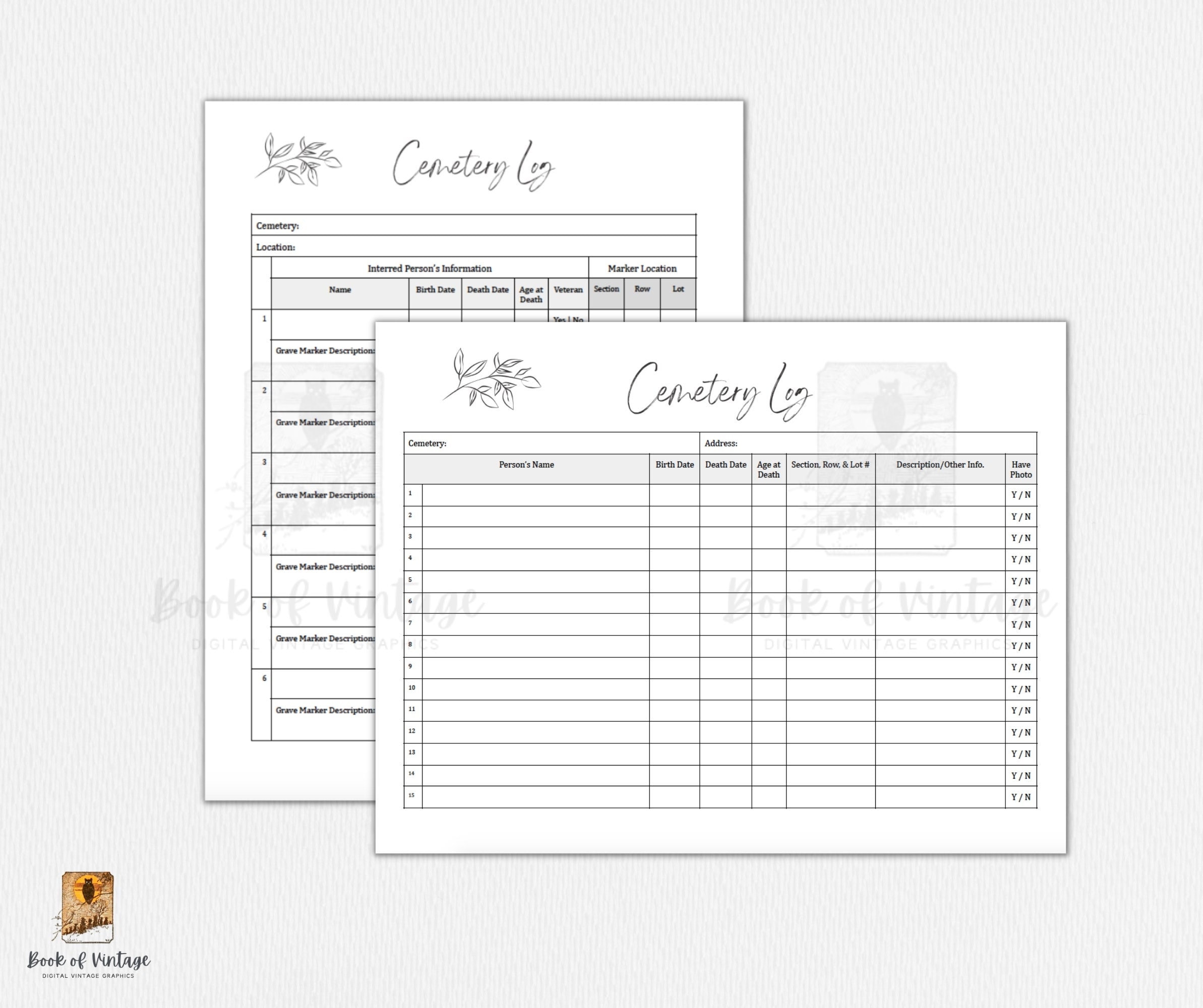 Cemetery Log Sheet Printable Ancestor Tracker Form for Genealogy Family ...