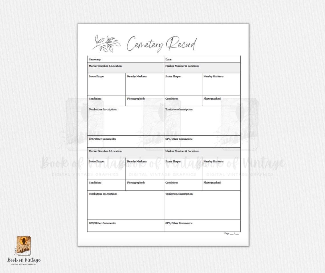 Cemetery Record Sheet Printable for Photographing and Logging Local ...