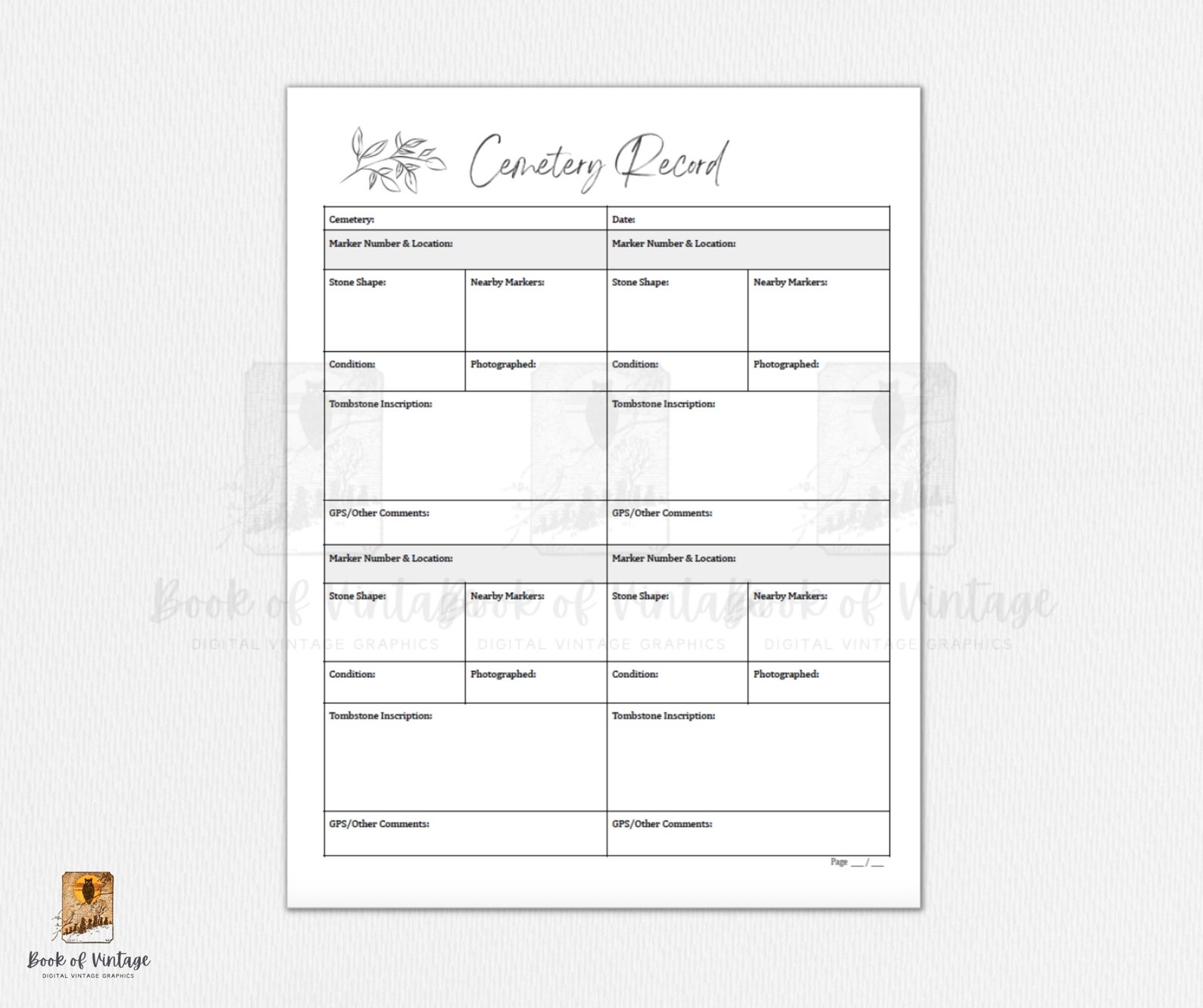 Cemetery Record Sheet Printable for Photographing and Logging Local ...