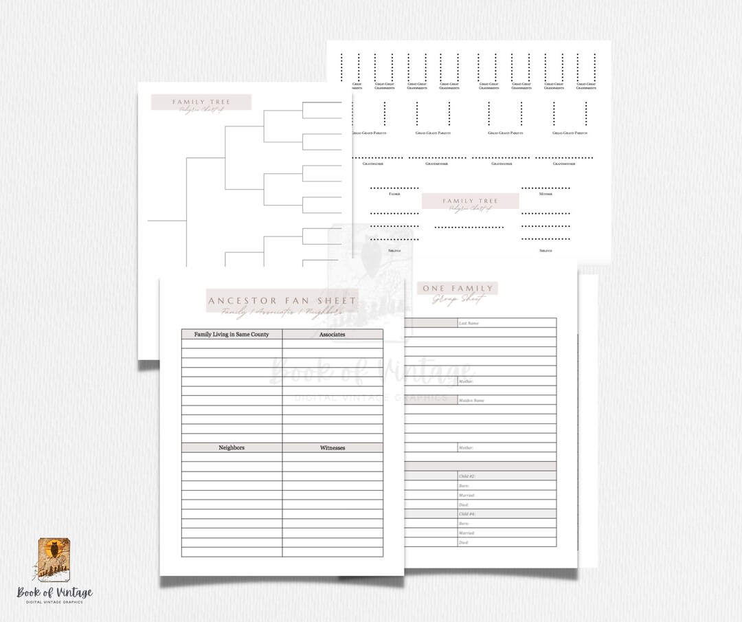 Set of 4 Genealogy Forms Family Group Sheet Tracker Pedigree Chart FAN ...
