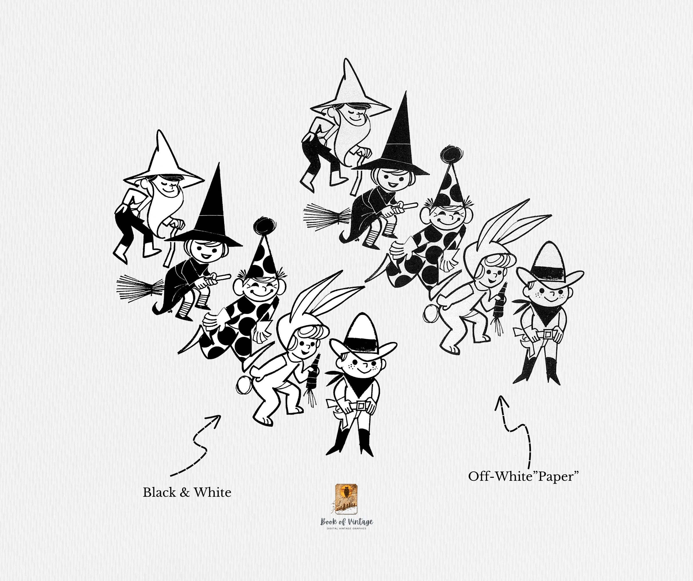 Retro Halloween Kids in Costumes PNG Clip Art Witch Clown Cowboys 50s ...