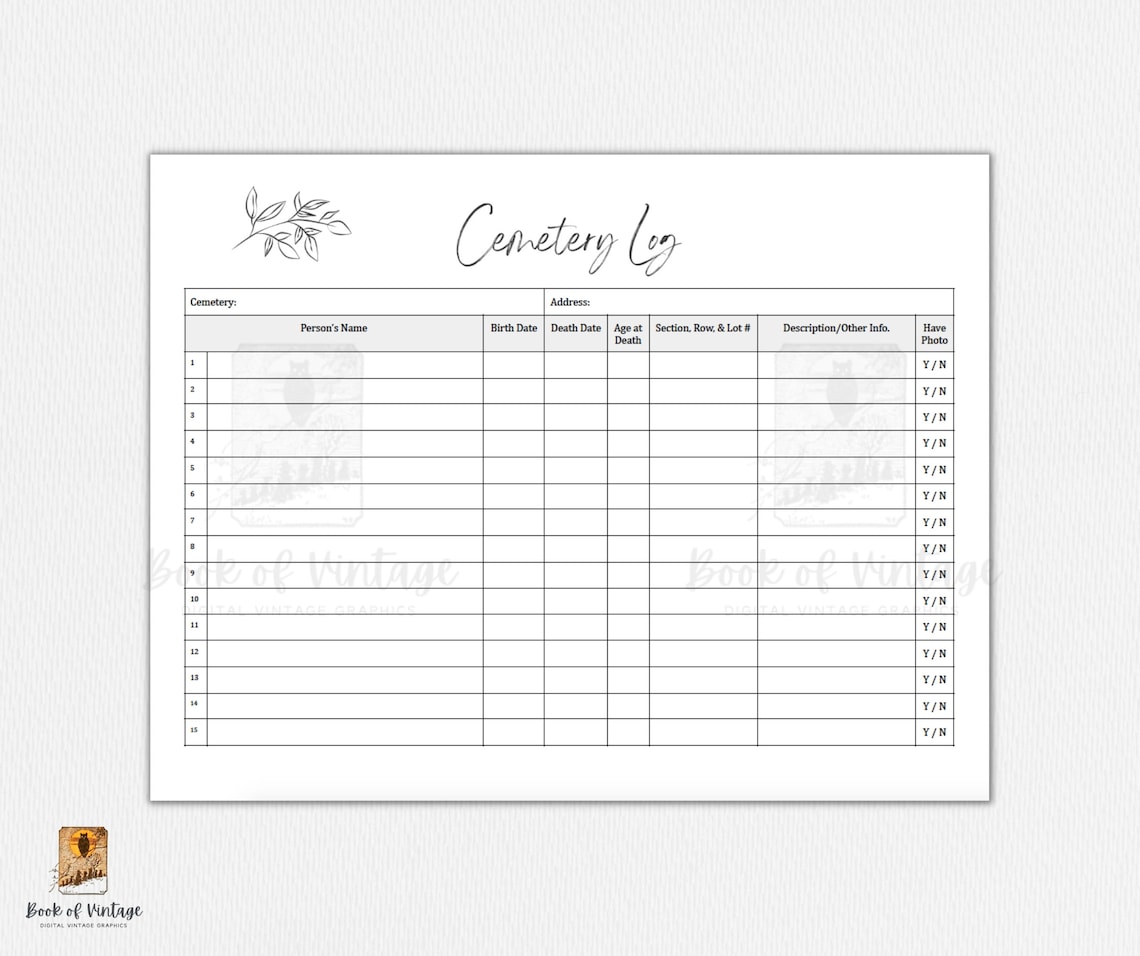 Cemetery Log Sheet Printable Ancestor Tracker Form for Genealogy Family ...