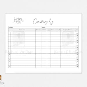Cemetery Log Sheet Printable Ancestor Tracker Form for Genealogy Family ...