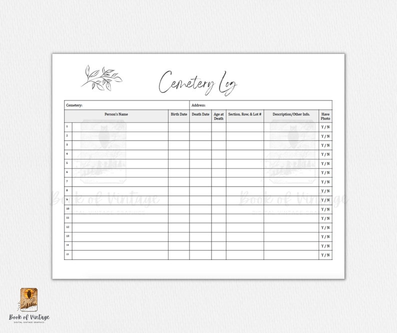Cemetery Log Sheet Printable Ancestor Tracker Form for Genealogy Family ...