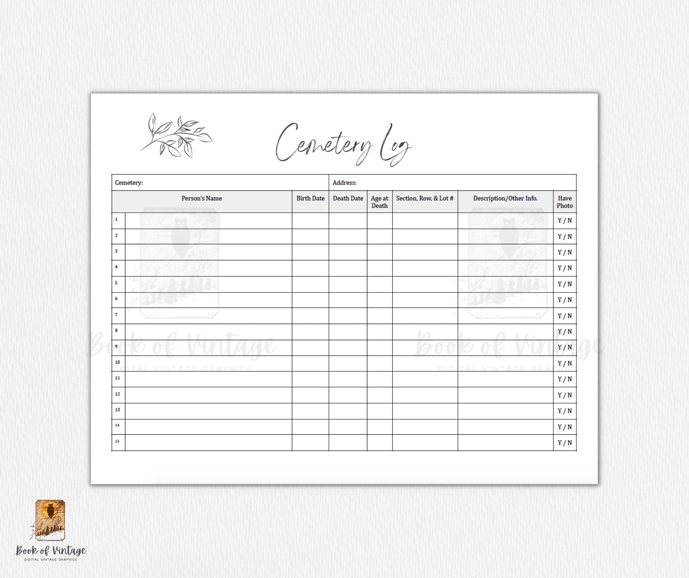 Cemetery Log Sheet Printable Ancestor Tracker Form for Genealogy Family ...