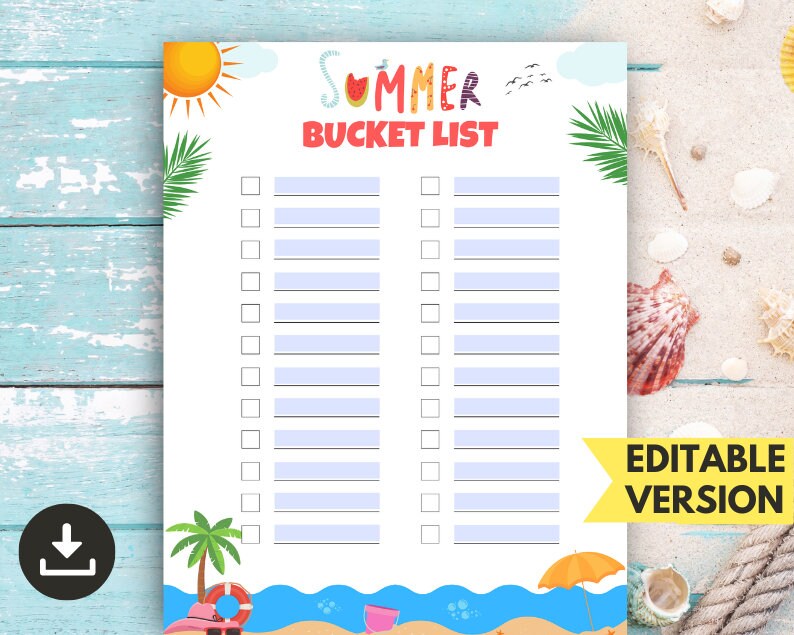 Summer Bucket List, Printable Summer Checklist, Editable Summer Break ...