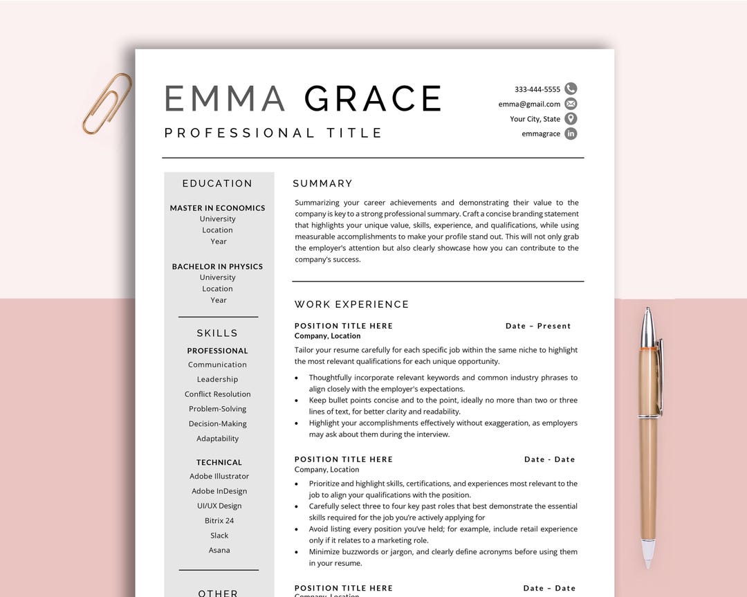 Professional Resume Template, Word, 1-3 Page Resume Template, Cover ...