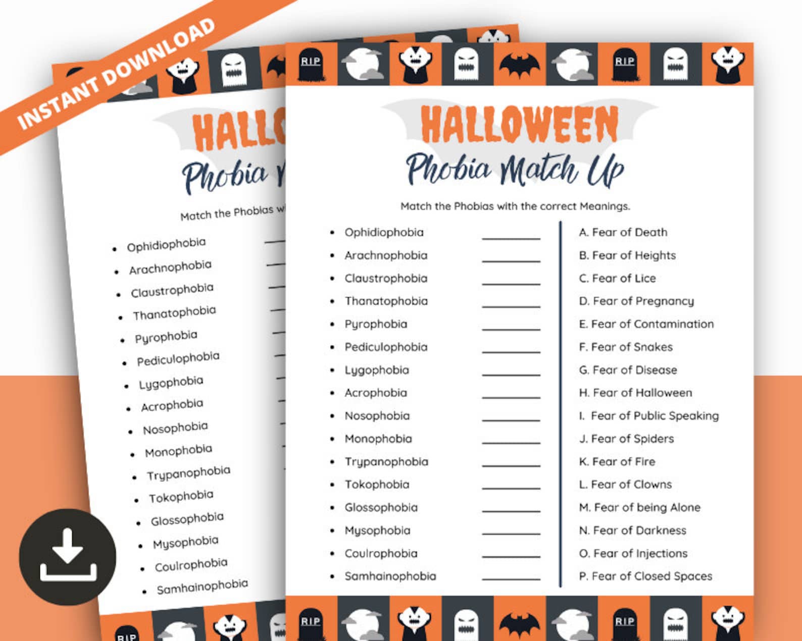 Halloween Phobia Match up Game, Halloween Trivia, Halloween Phobia ...