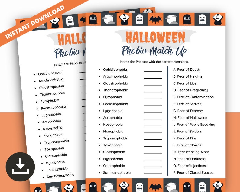 Halloween Phobia Match up Game, Halloween Trivia, Halloween Phobia ...