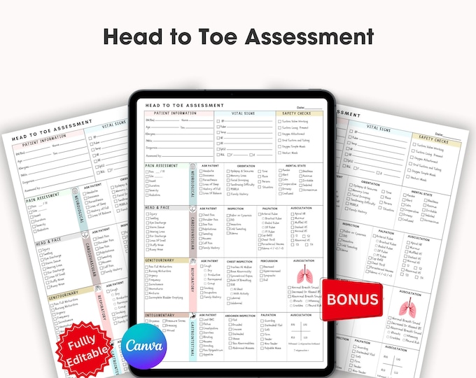 Editable Head to Toe Assessment Template, Head to Toe Nursing Student ...