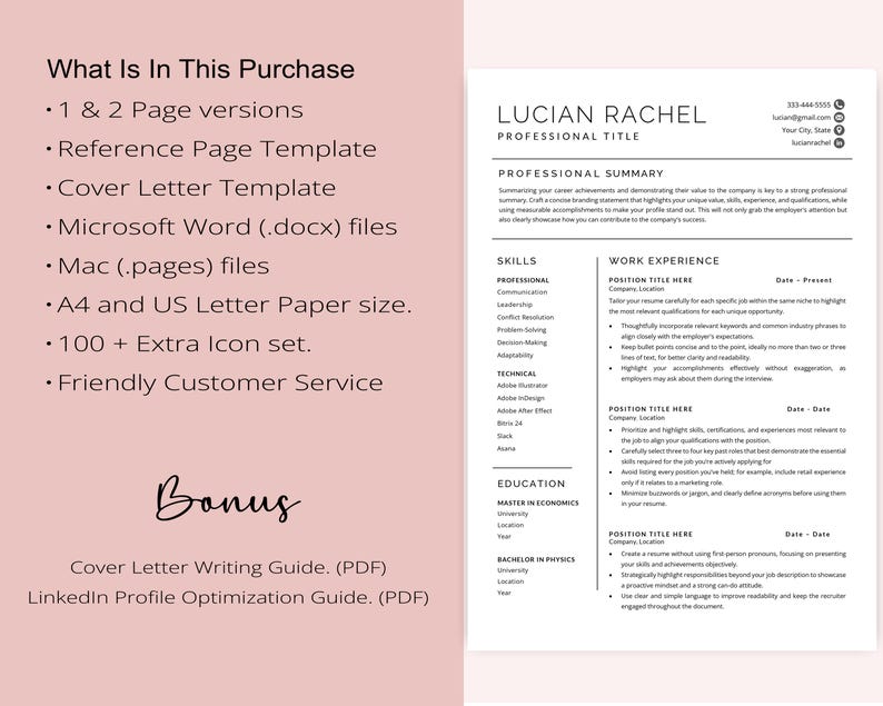 Resume Template Word, Google Docs & Pages, Professional Resume, CV ...