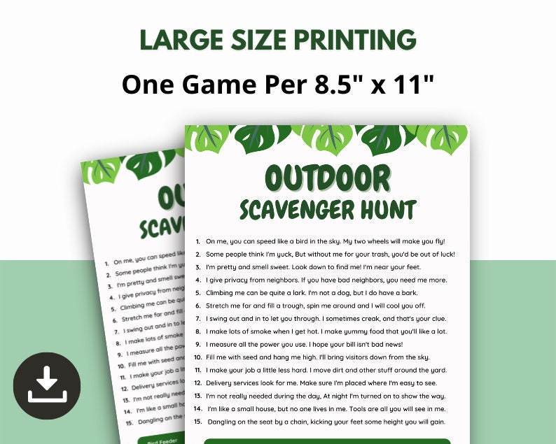 Outdoor Scavenger Hunt Game, Backyard Scavenger Hunt Clues, Nature ...