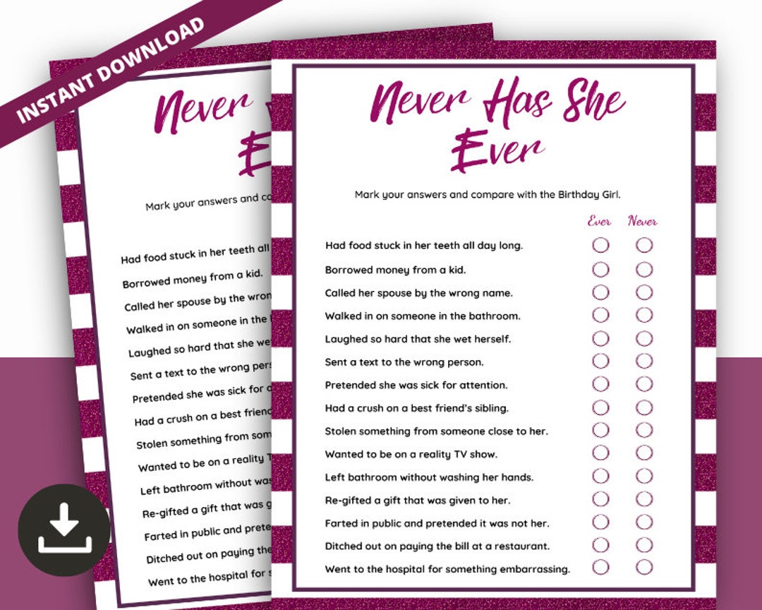 Adult Birthday Party Game, Ever or Never Quiz, How Well You Know ...