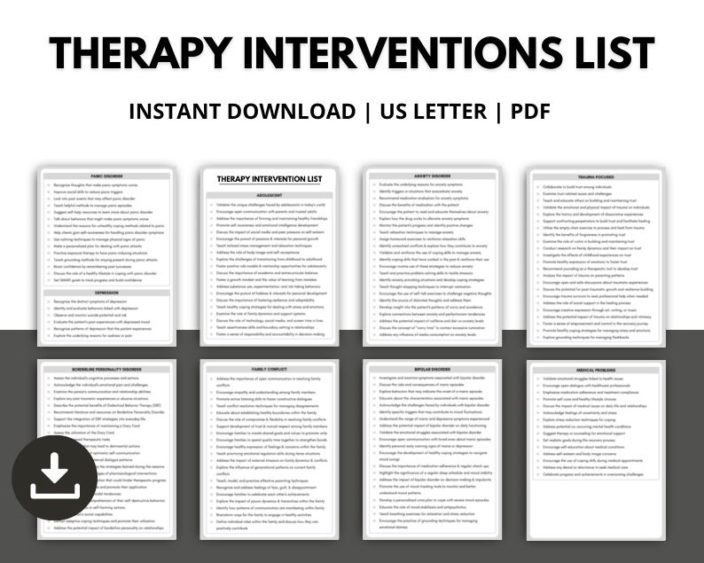 Therapy Intervention List, Therapist Progress Notes, Therapist Cheat ...