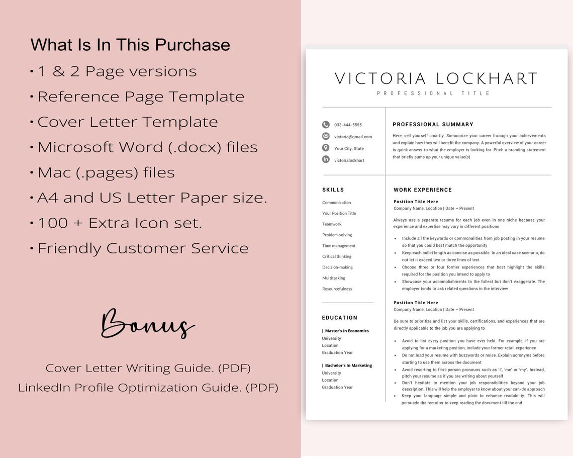 Professional Resume Template, Word, 1-3 Page Resume Template, Cover ...