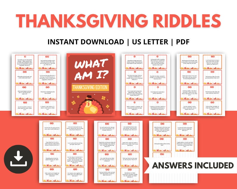Thanksgiving Riddles Game, Thanksgiving What Am I Riddles, Printable ...