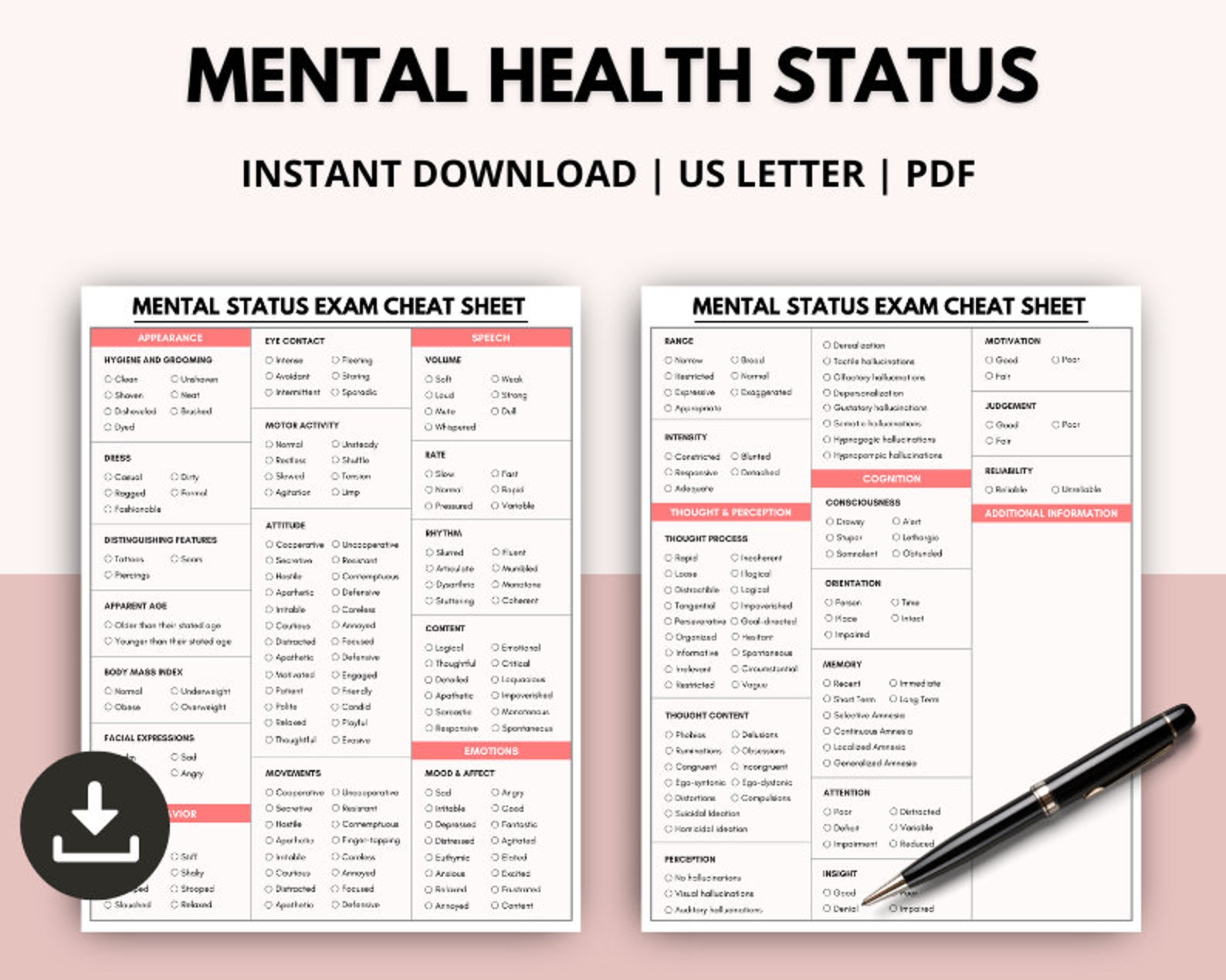 Mental Status Exam (MSE) Cheatsheet, Desktop Reference Template ...