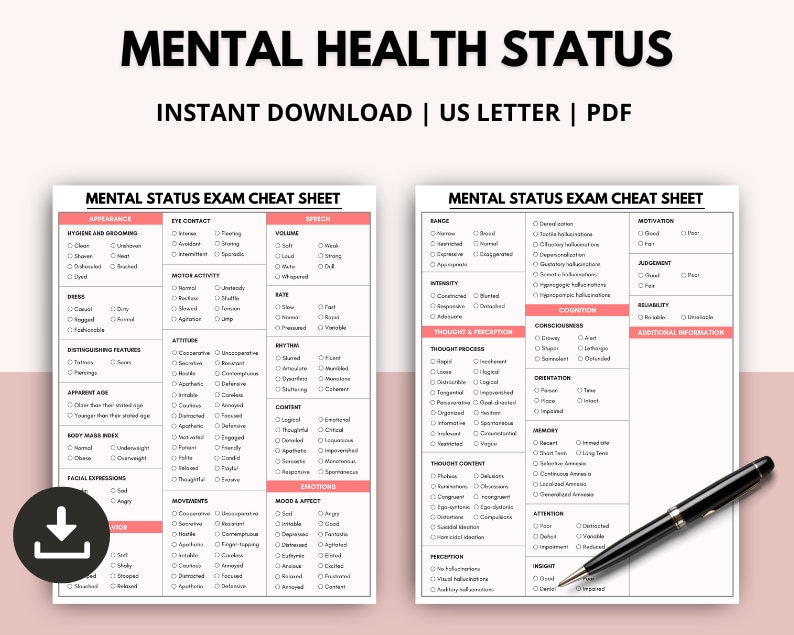Mental Status Exam (MSE) Cheatsheet, Desktop Reference Template, Therapist Cheat Sheet ...