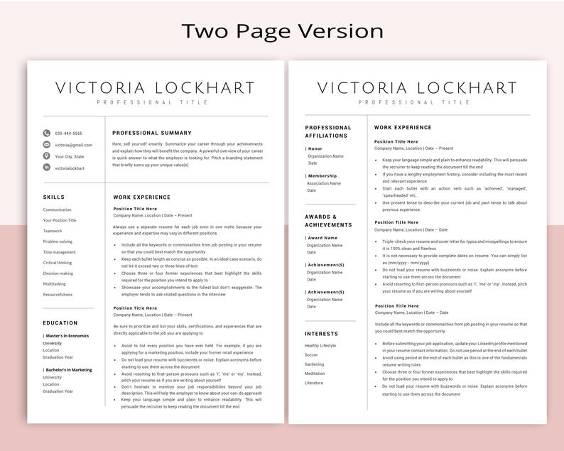 Professional Resume Template, Word, 1-3 Page Resume Template, Cover ...