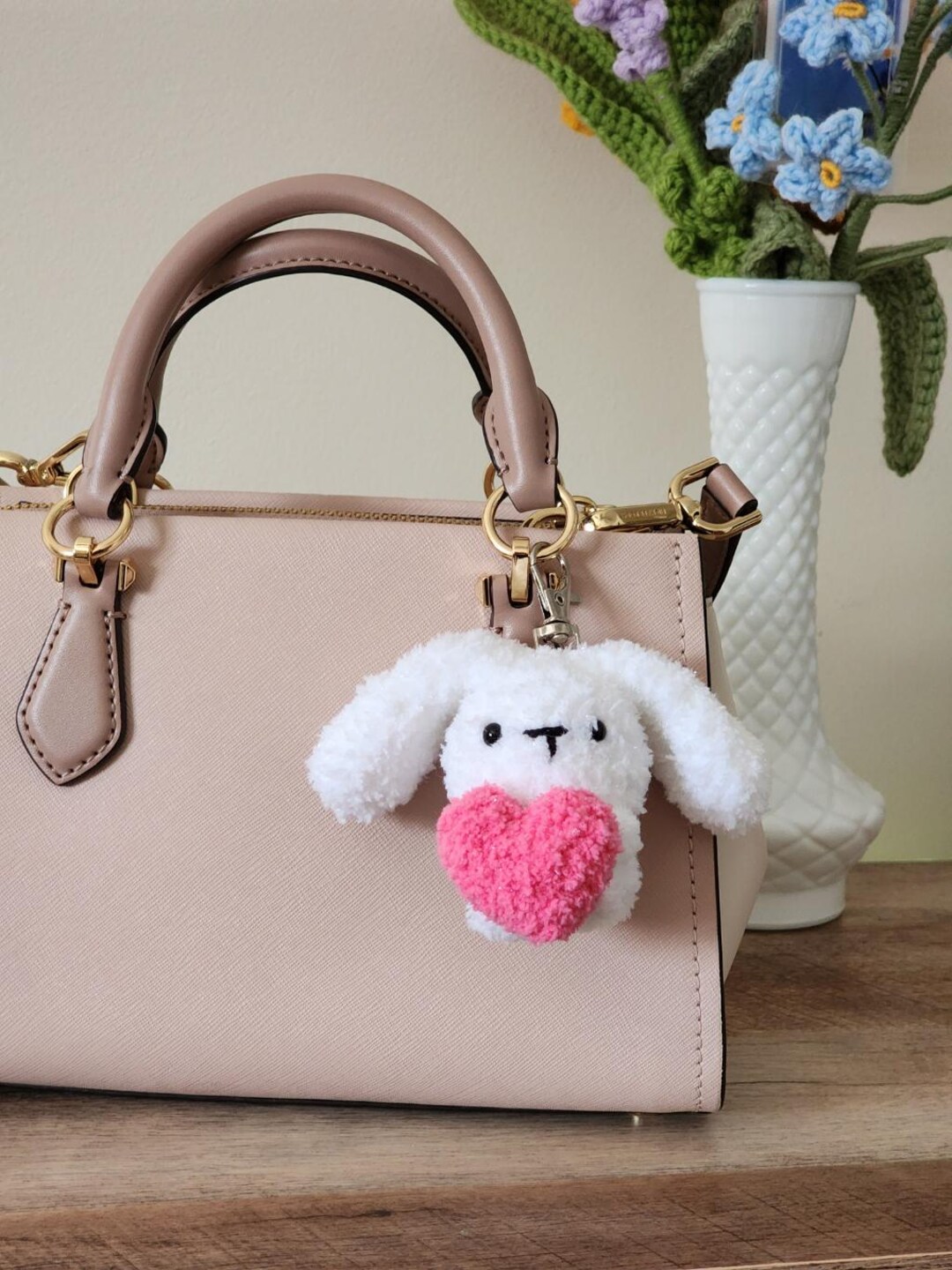 Couples Valentines Day Bunny Holding Heart Keychain Bag Charm Handmade ...