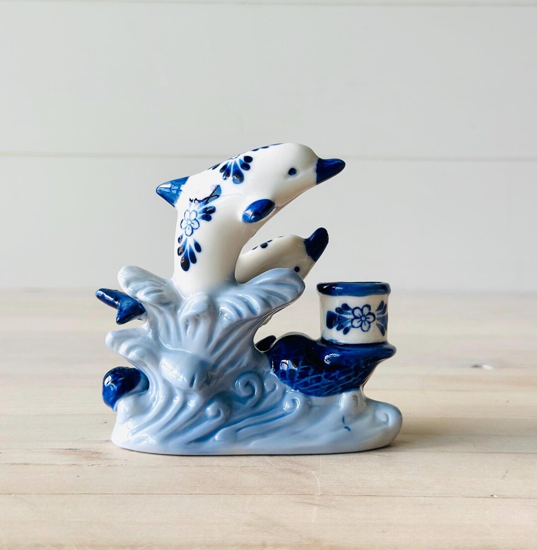 Blue Delft Candle Holder: 1960s Hand-painted Ceramic Dolphin Decor - Etsy