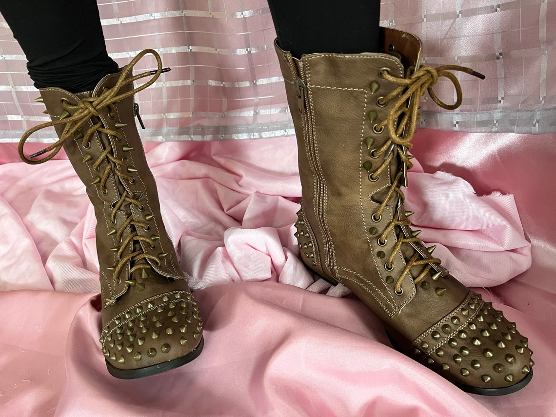 STUDDED SPIKE Brown COMBAT Boots Rock N Roll Steam Punk Gothic Punk ...
