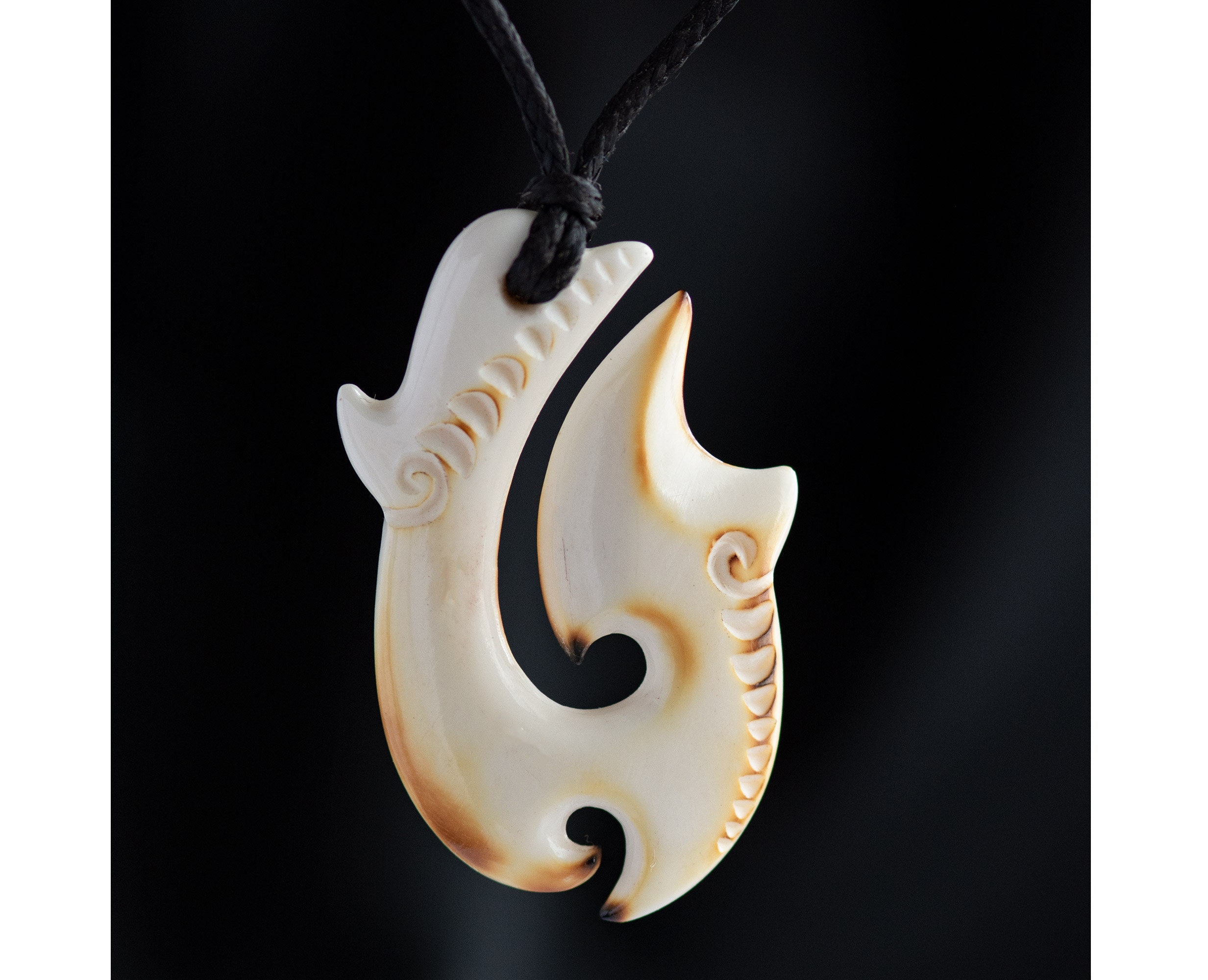 New Zealand Maori Style Carved Bone Matau hook Pendant by Don Campbell ...