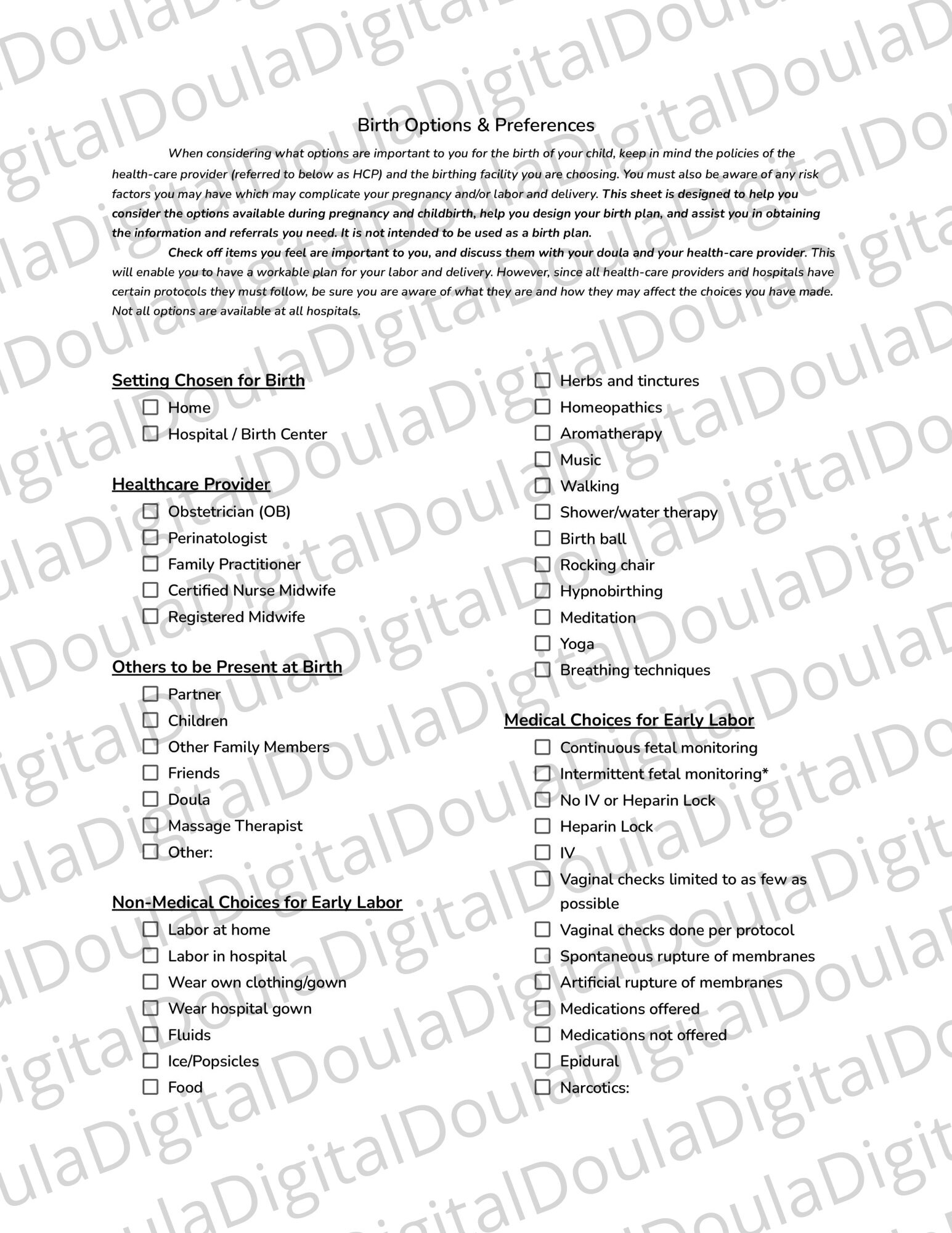 Birth Options and Preferences Sheet | Childbirth Education | Doula - Etsy