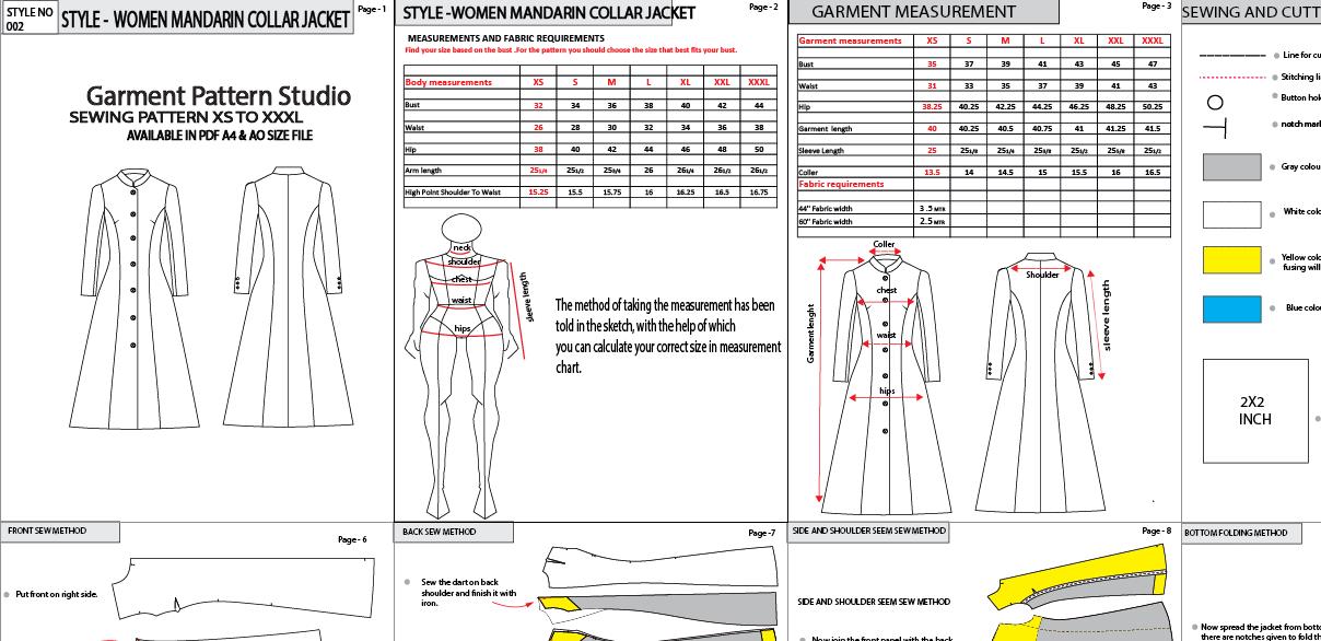 Women's Mandarin Collar Jacket Sewing Pattern, XS-XXXL (A4 & A0 PDF) - Etsy