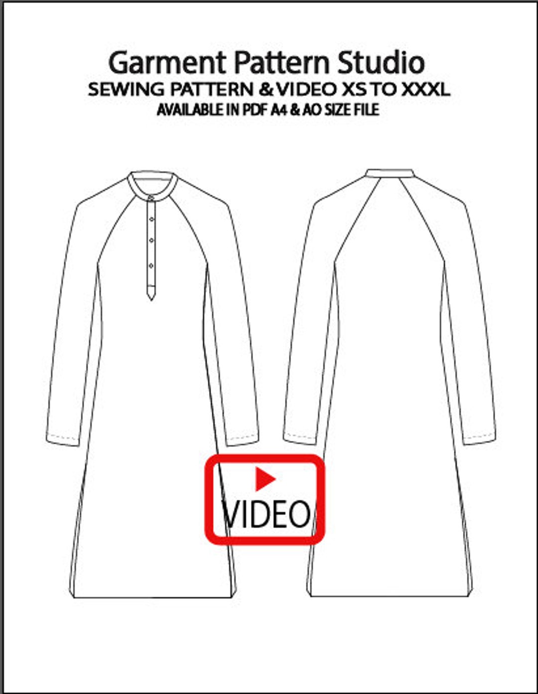 Men Raglan Sleeve Knee Length Kurta Sewing Pattern All Size Grading XS ...