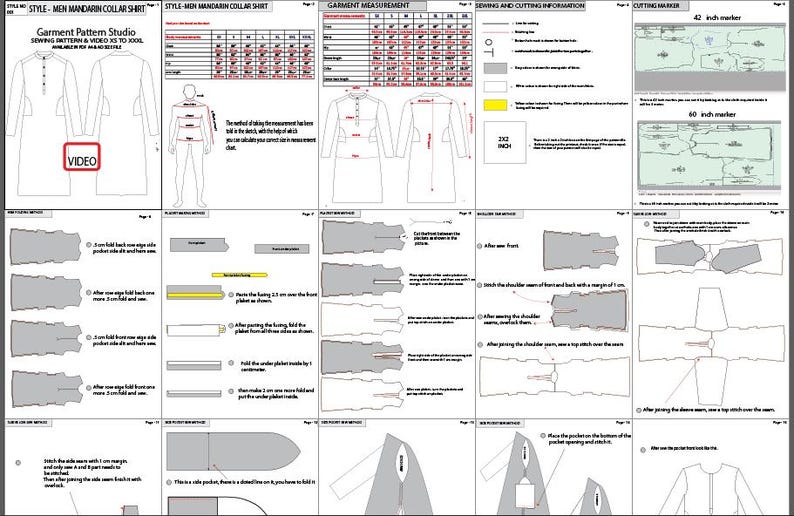 Men's Mandarin Collar Kurta Sewing Pattern, All Sizes XS-XXXL (A4 & A0 ...