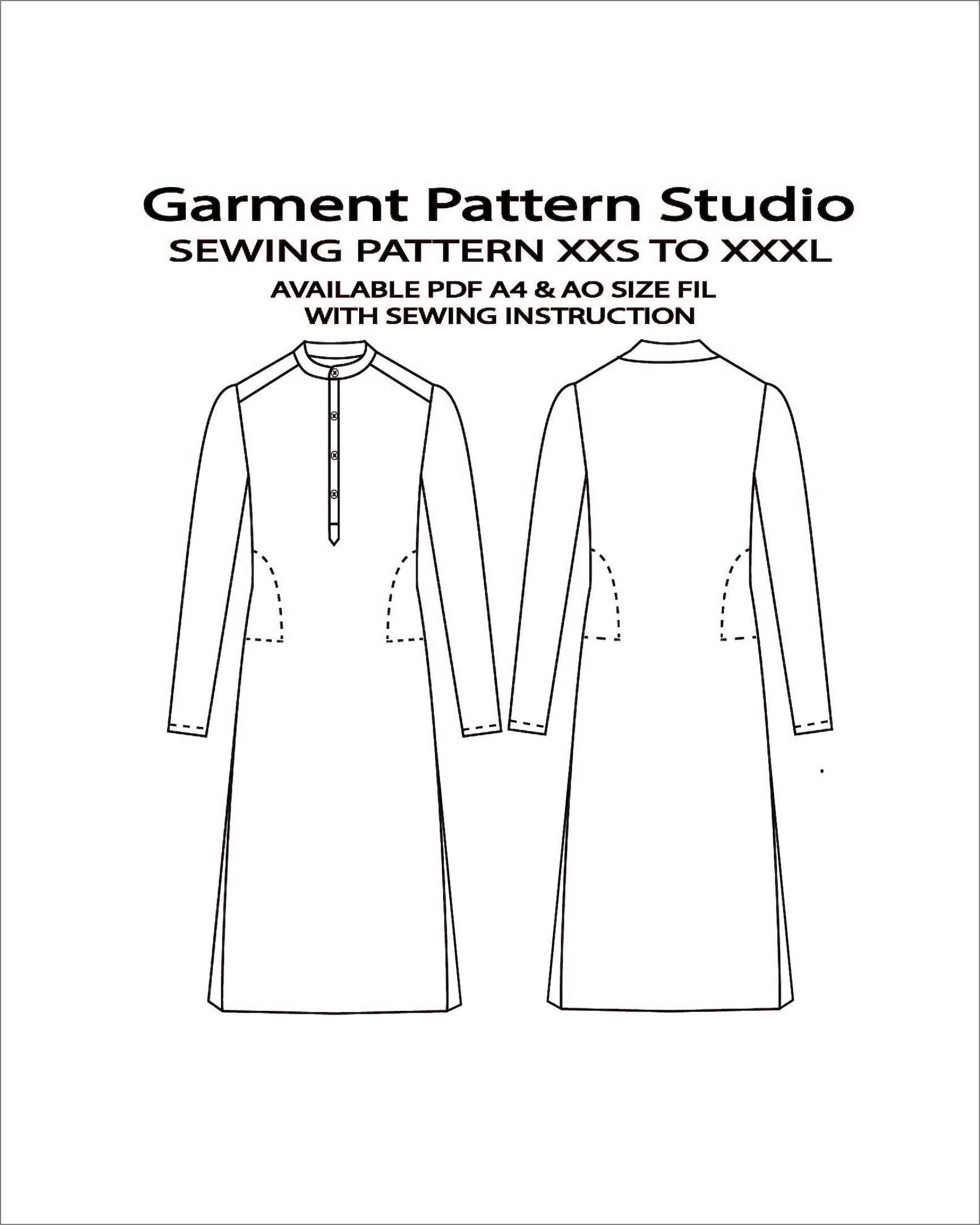 Men's Mandarin Collar Kurta Sewing Pattern, All Sizes XS-XXXL (A4 & A0 ...