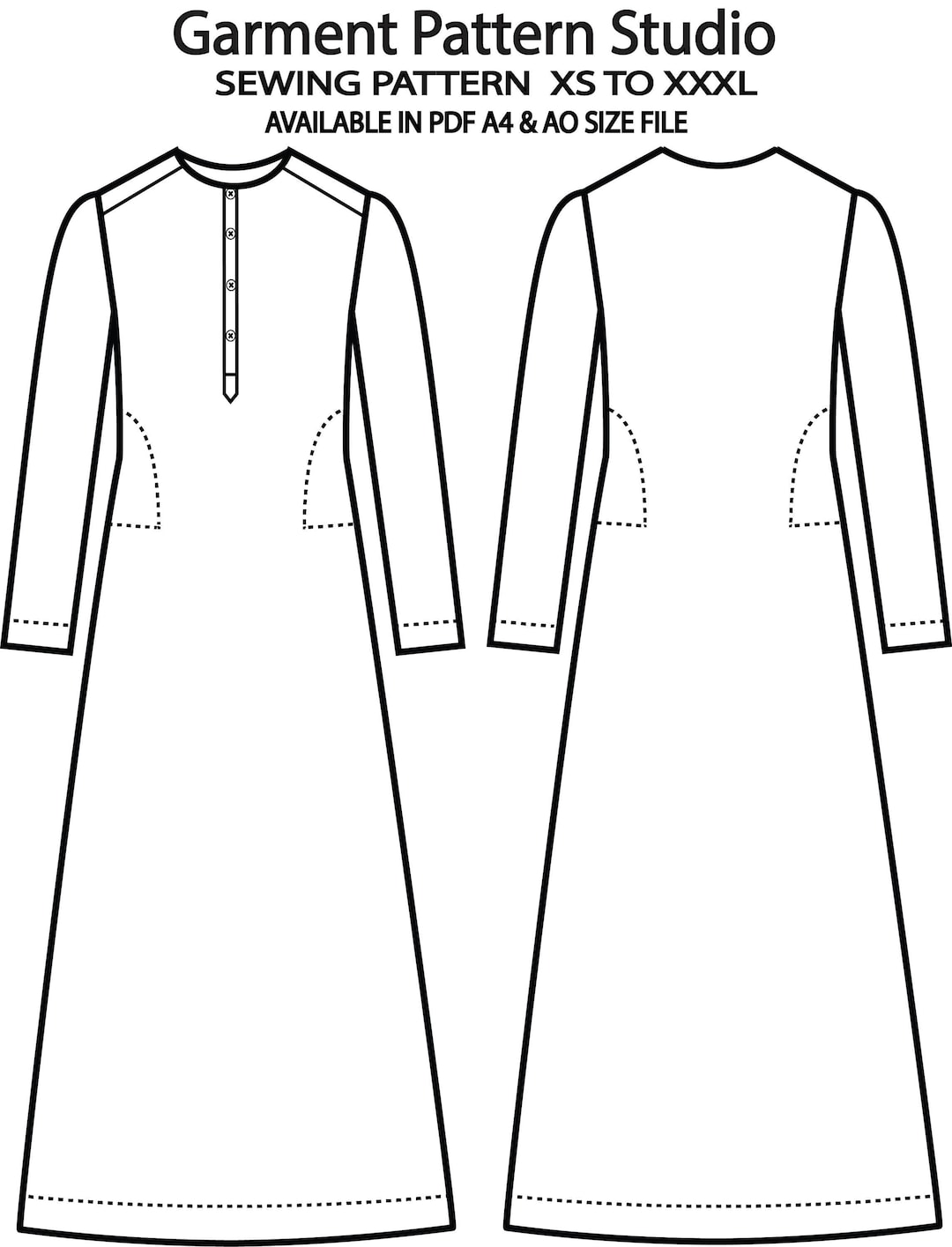 Men Round Neck Thobh (kurta) Sewing Pattern All Size Grading XS to XXXL ...