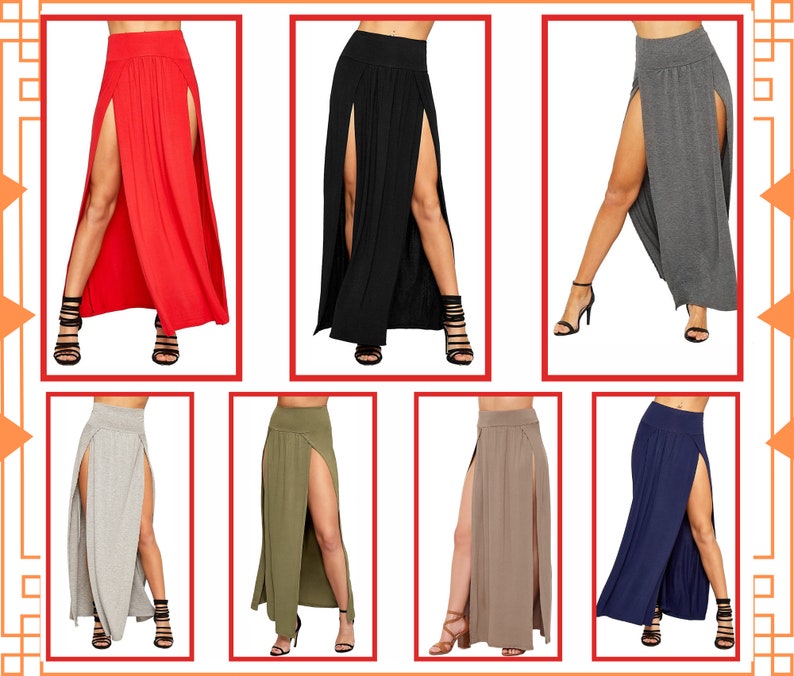 Women Double Split Maxi Long Skirt Ladies Plain Basic Two Side Slit ...