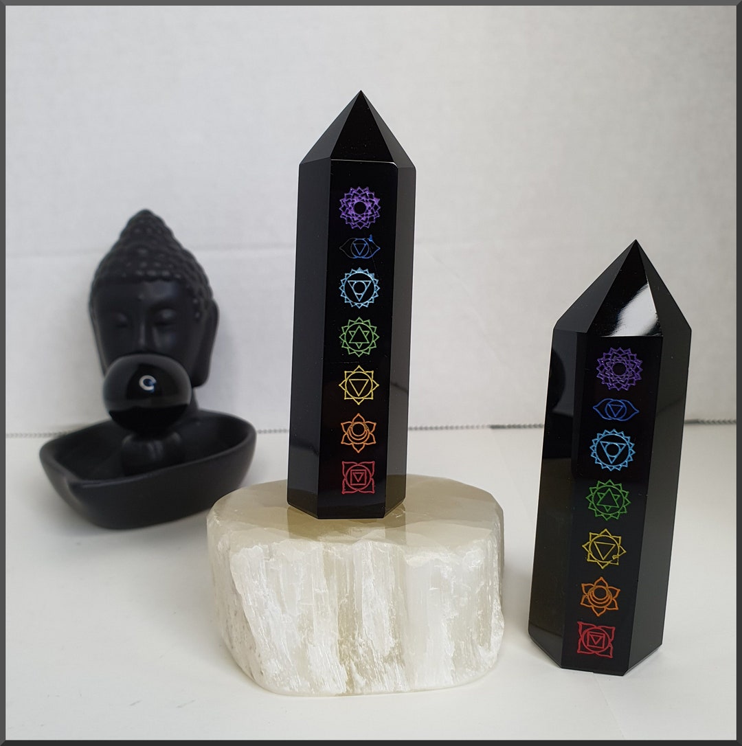 Black Obsidian Towers With Engraved Chakra Symbols D, E - Etsy