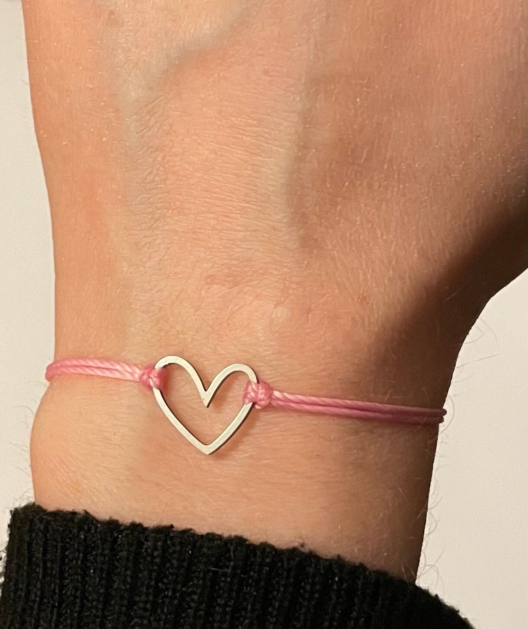 Heart Bracelet, Waxed Cord Bracelet, Stainless Steel Heart Outline ...