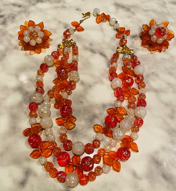 Schiaparelli Triple Strand Glass Bead Necklace and Ea… - Gem Schiaparelli Triple Strand Glass Bead Necklace and Ea… - Gem