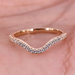Stacking Curved Diamond Wedding Band Yellow Gold, Dainty Diamond Ring, Curvy Thin Band, Shared ...