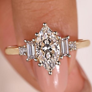 Marquise Cut Engagement Ring With Side Stone Baguette and Round, Lab ...