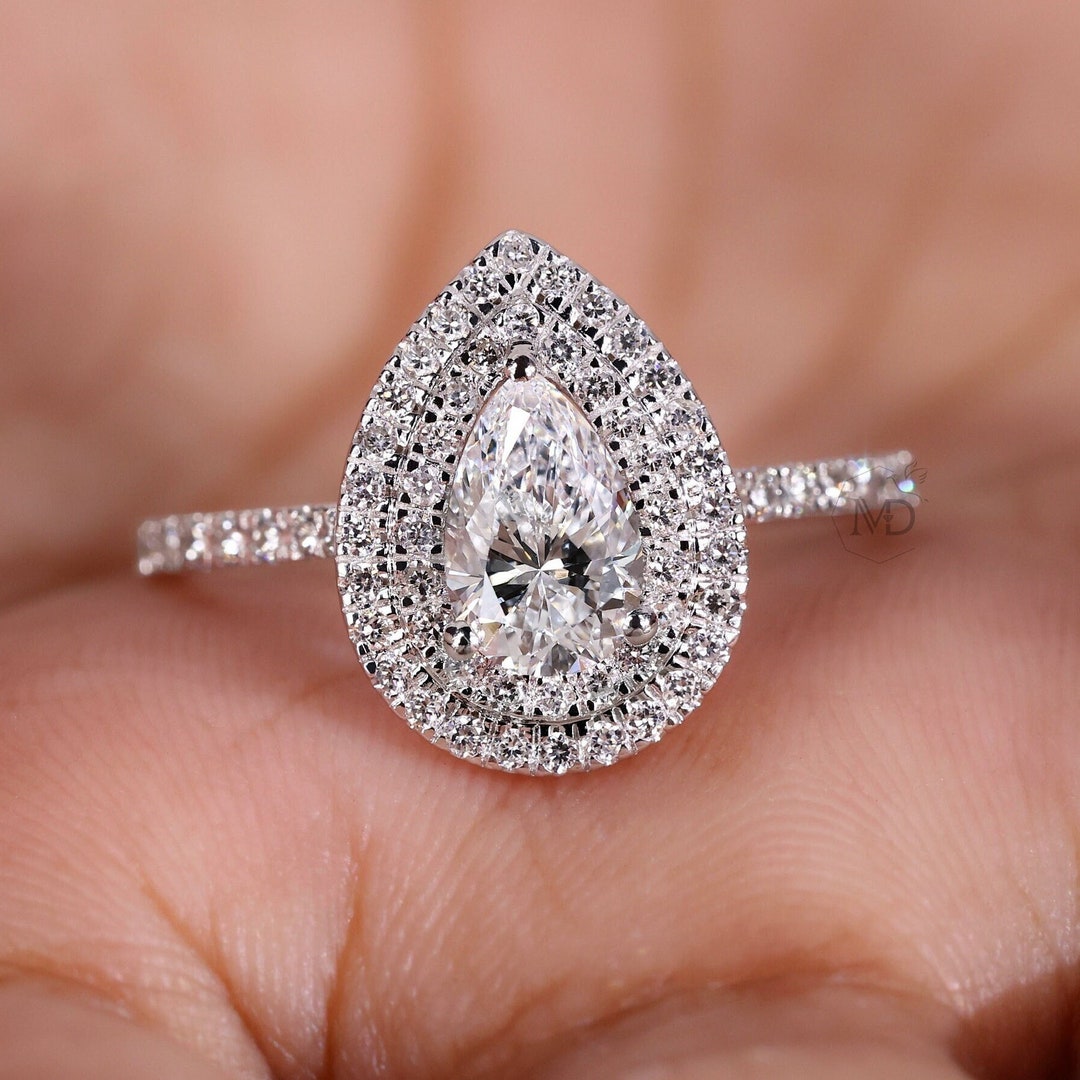 Vintage Pear Cut Lab Grown Diamond Double Halo Engagement Ring, Pear Shaped Diamond Ring for ...