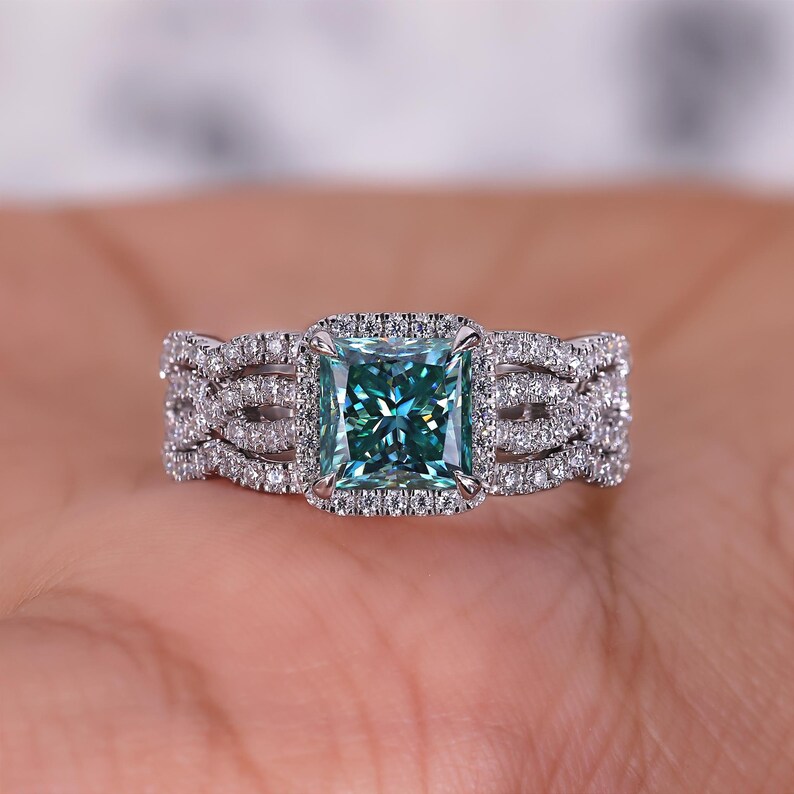 Cyan Blue Moissanite Bridal Set Princess Cut Blue Moissanite Engagement ...