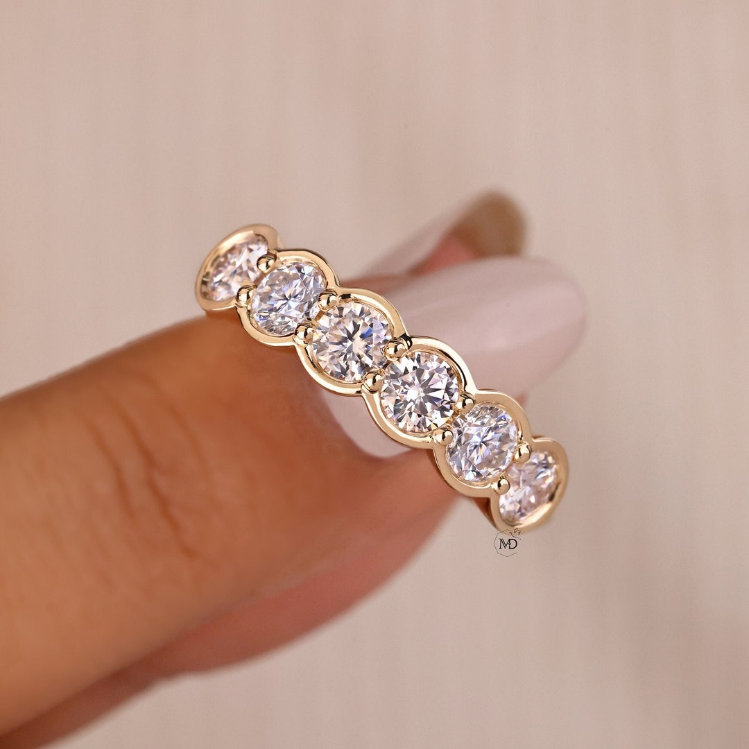 Six Stone Diamond Wedding Band, Half Bezel Set Ring, 4mm Round ...