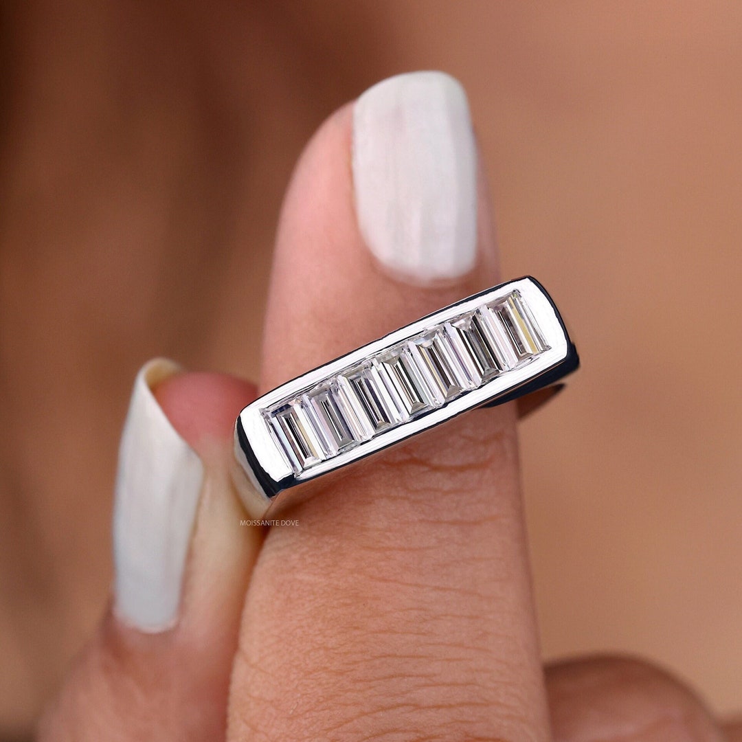 Channel Set Baguette Ring, 4x2 MM Baguette Cut Colorless Moissanite ...