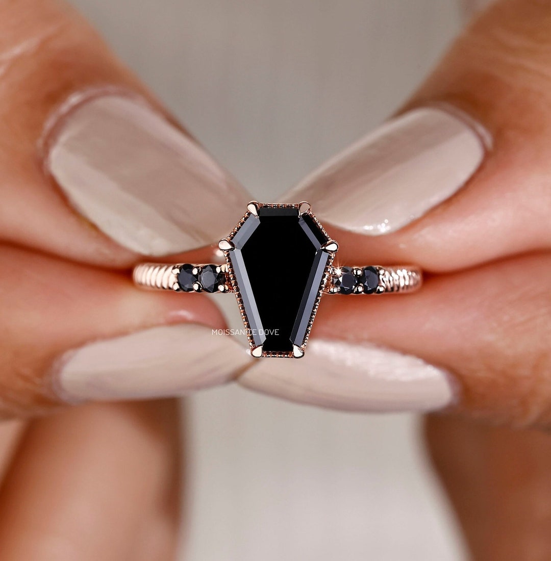 Five Stone Coffin Shaped Black Moissanite Engagement Ring Unique 1.70 ...
